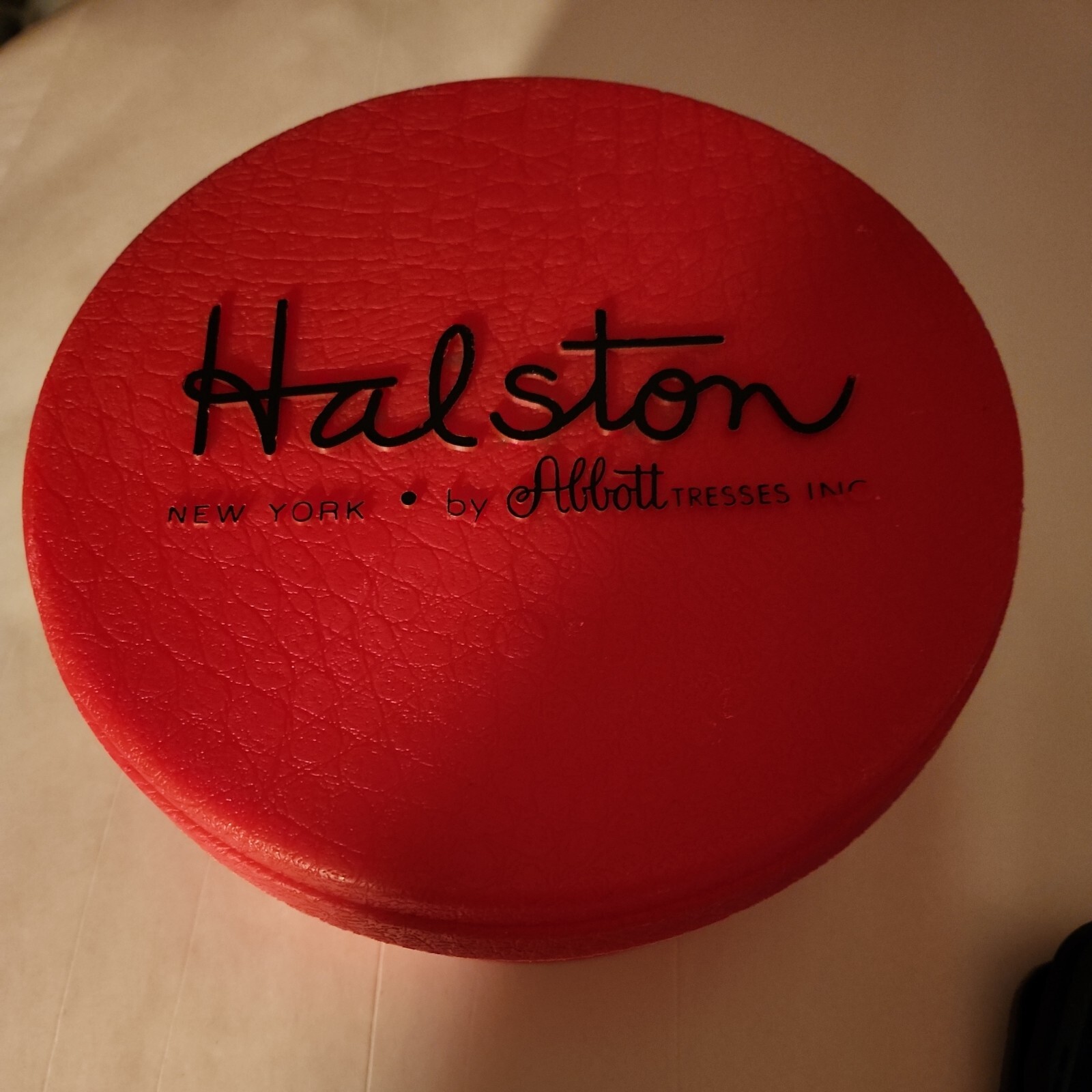 Vtge Halston Red Round Wig Storage Container Box Abbott Tresses Plastic ...