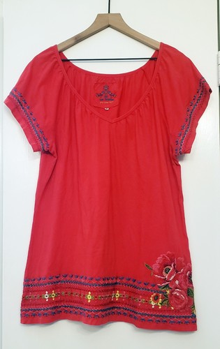 Johnny Was Red Embroidered T Shirt Top Size M - L Floral Boho Chic | eBay