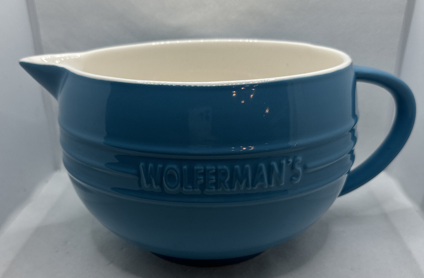 Wolferman's Blue Mixing Bowl Pitcher Pour Spout Handle Ceramic Bake ...