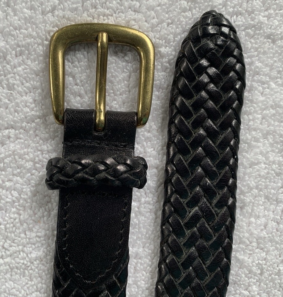 Talbots Belt Women Medium Leather Woven Braided Black Brass Buckle | eBay