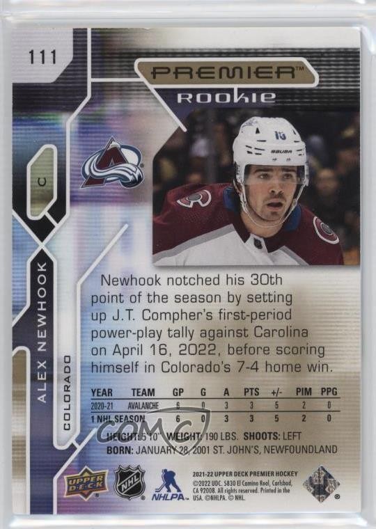 2021-22 Upper Deck Premier Rookies Gold /199 Alex Newhook #111 Rookie ...