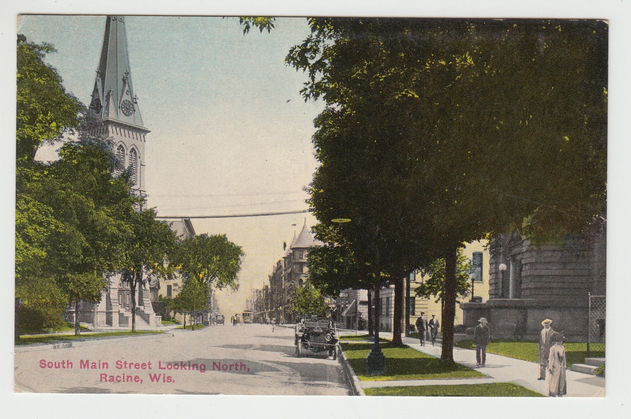Postcard Racine, Wisconsin South Main Street Old Car, Church, People on ...