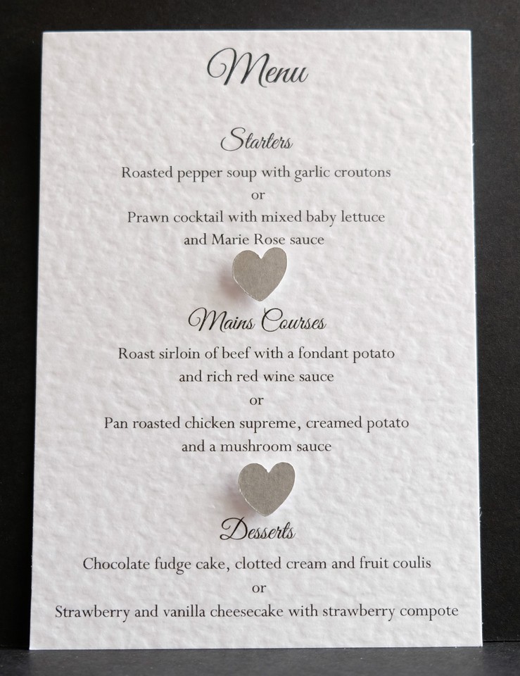 10 Handmade Personalised Wedding Menu Cards - Many Colours - Free P&P ...