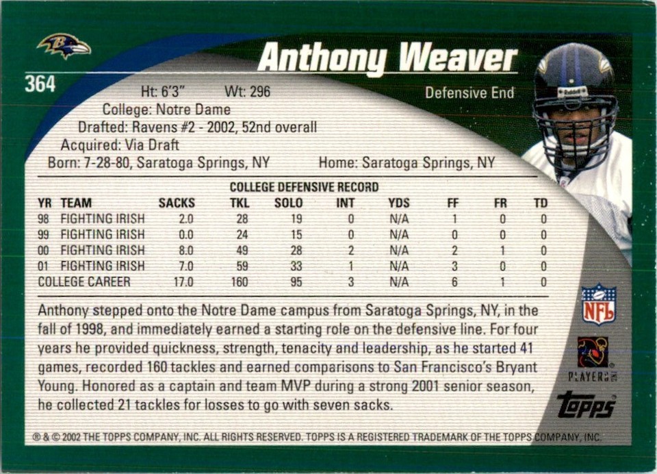 2002 Topps Anthony Weaver Rookie Baltimore Ravens #364 NFL Football ...