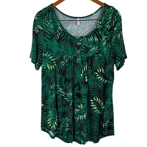 Popyoung Green Tropical Leaf Pattern Blouse XL Flowy Button Accent ...