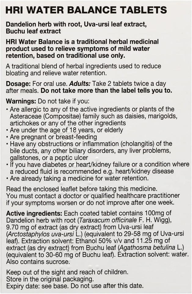 HRI Water Balance 100 Tablets - to Relieve Symptoms of Mild Water ...
