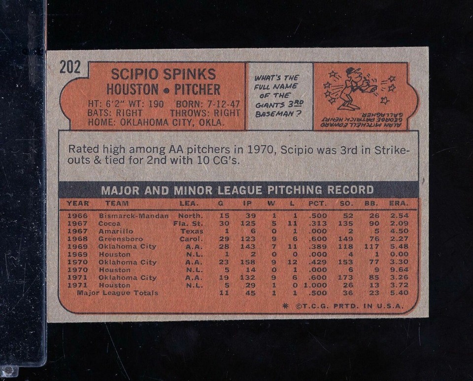 1972 Topps #202 SCIPIO SPINKS Houston Astros NRMT ~AP13-A | eBay