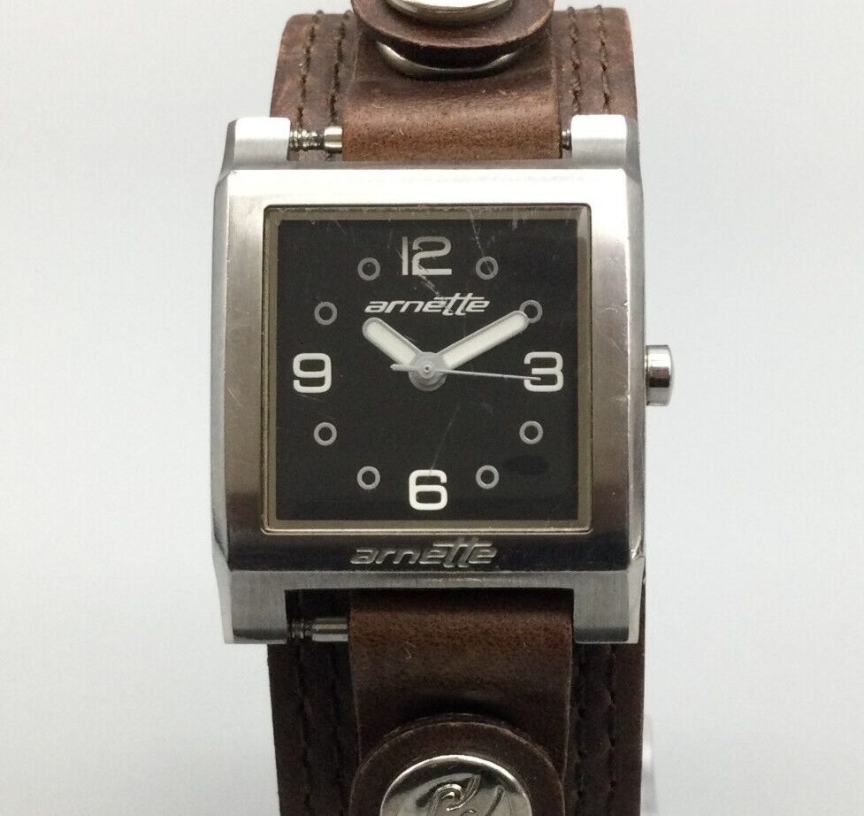 Arnette Watch Unisex 27mm Silver Tone Square 50M Leather Cuff Band New ...