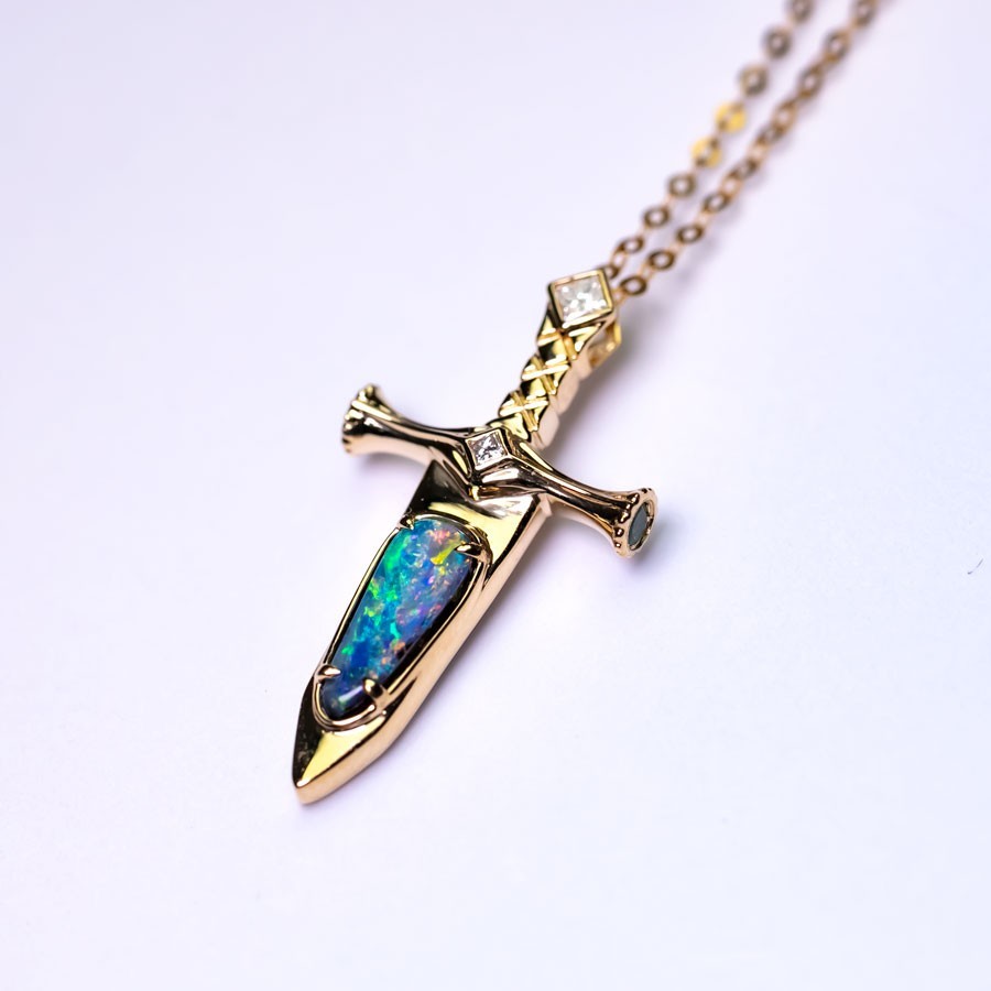 Knight Sword - Boulder Opal & Princess Cut Diamond Pendant ONLY 18K ...