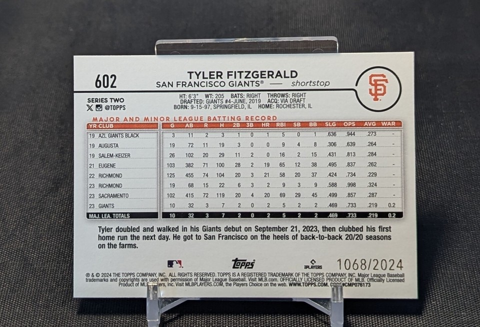 Tyler Fitzgerald Gold #d 1068/2024 Rookie RC 2024 Topps Series 2 Card ...