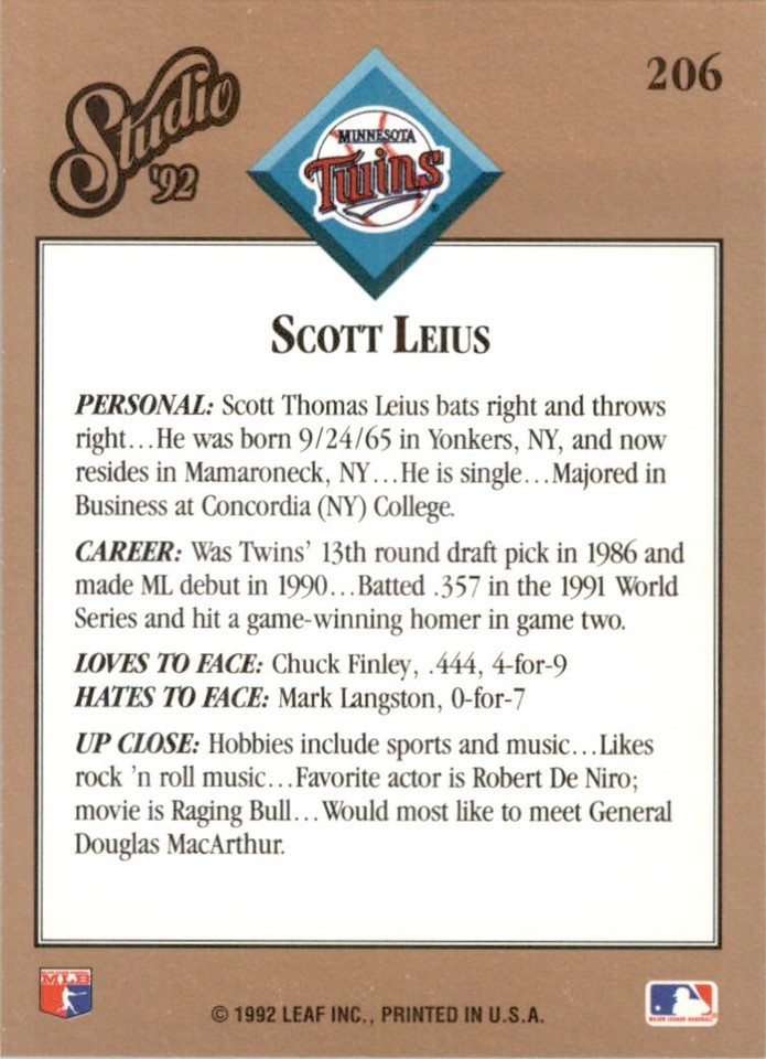 1992 Studio Scott Leius Minnesota Twins #206 Baseball Card | eBay