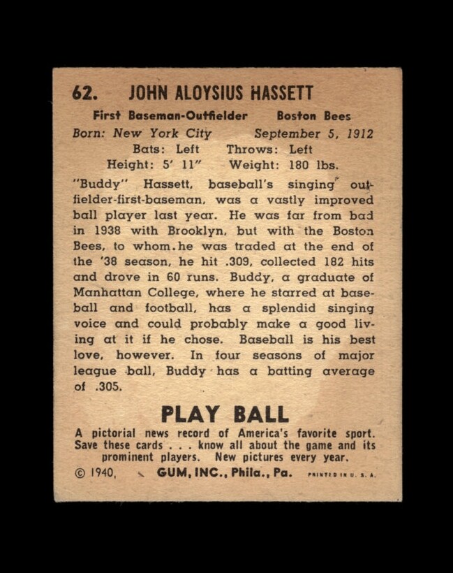 1940 Play Ball Set-Break # 62 Buddy Hassett EX-EXMINT *GMCARDS* | eBay