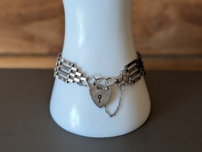 Vintage Sterling Silver Gate Bracelet Heart Padlock Closure +Safety ...