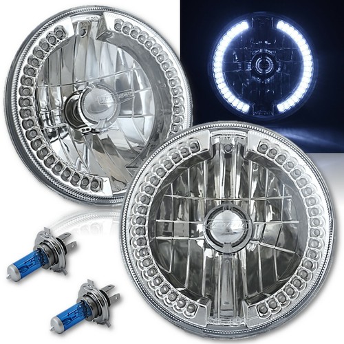 7" Halogen White LED Halo Angel Eyes Headlight Headlamp H4 Light Bulbs ...