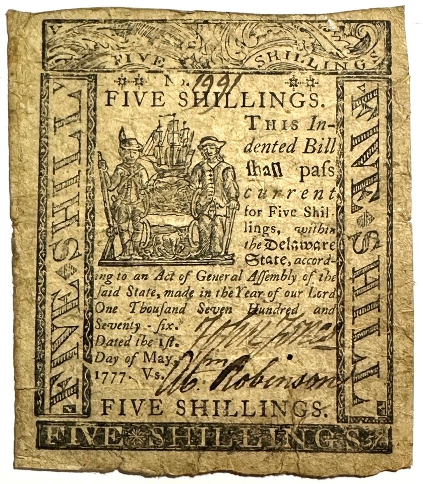 DE-89 Delaware 1777 Five Shillings Colonial Currency, Printed by James ...