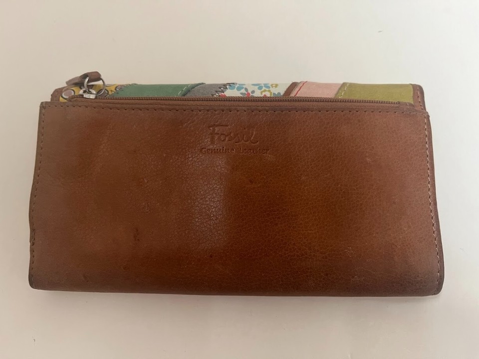 Vintage Fossil Womens Brown Leather Wallet Tri-fold Patchwork Rainbow ...