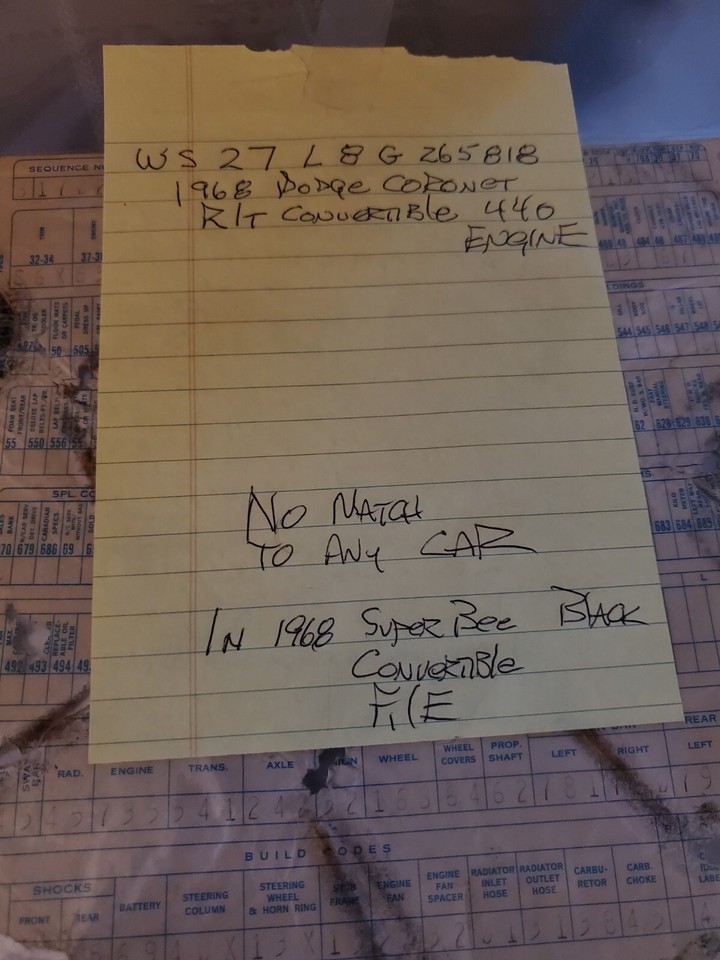 Mopar Original Build Sheet 1968 Dodge Coronet Convertible RT 440 V8 Red ...