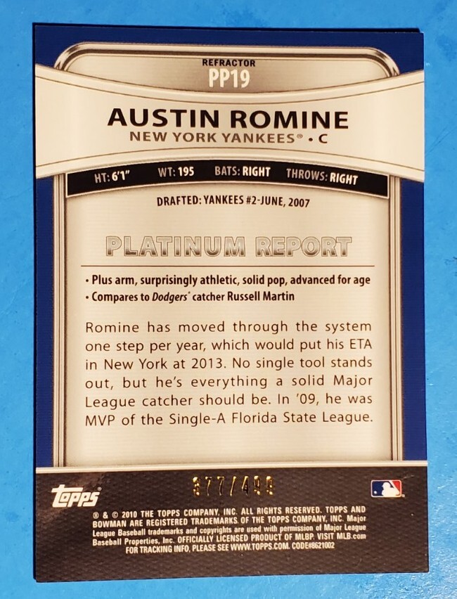 Austin Romine RC 2010 Bowman Platinum Prospects Green Refractors /499 ...