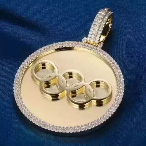 2ct Round Cut Lab Created Diamond Olympic Men Pendant Charm 14k Yellow ...