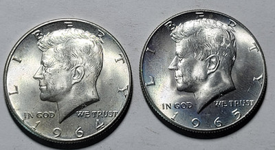 1964 & 1965 JFK Kennedy 50c Half Dollar 90%+40% Silver 2-Coin Set ~Hi ...