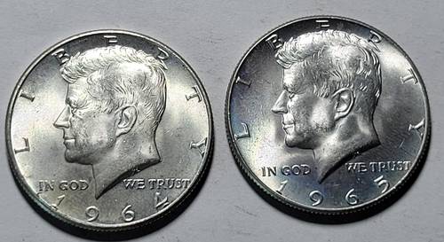 1964 & 1965 JFK Kennedy 50c Half Dollar 90%+40% Silver 2-Coin Set ~Hi ...