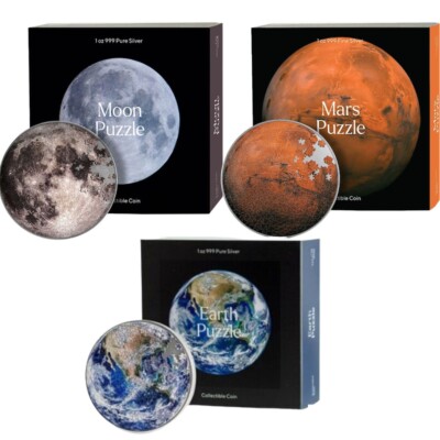 (Set of 3) 1x Earth, Moon, Mars Puzzle 1 oz Silver & 4.5 oz Copper Coin ...