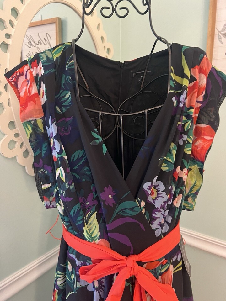 INC Dress Size 16 Black Red Flowers S/s Belted Floral Maxi dress ...