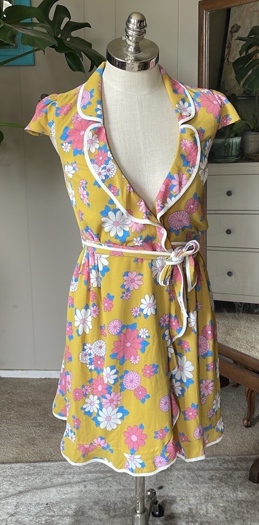 Vintage ModCloth mustard yellow floral wrap dress, XS | eBay