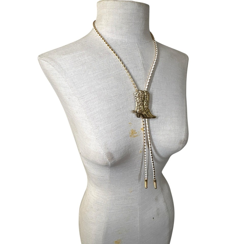 Tucker Brown Gold Cowboy Boots Bolo Tie Western Country Braided Leather ...