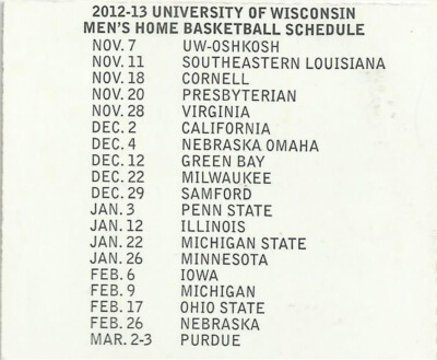2012-13 Wisconsin Badgers Basketball Season Ticket Holder Home Pocket ...