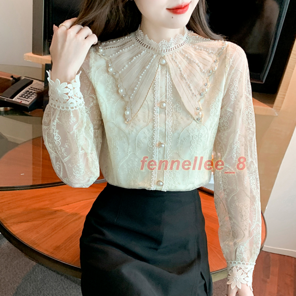 Retro Women Lace Beaded Tops Shirts Blouse T-shirts Chiffon Princess ...
