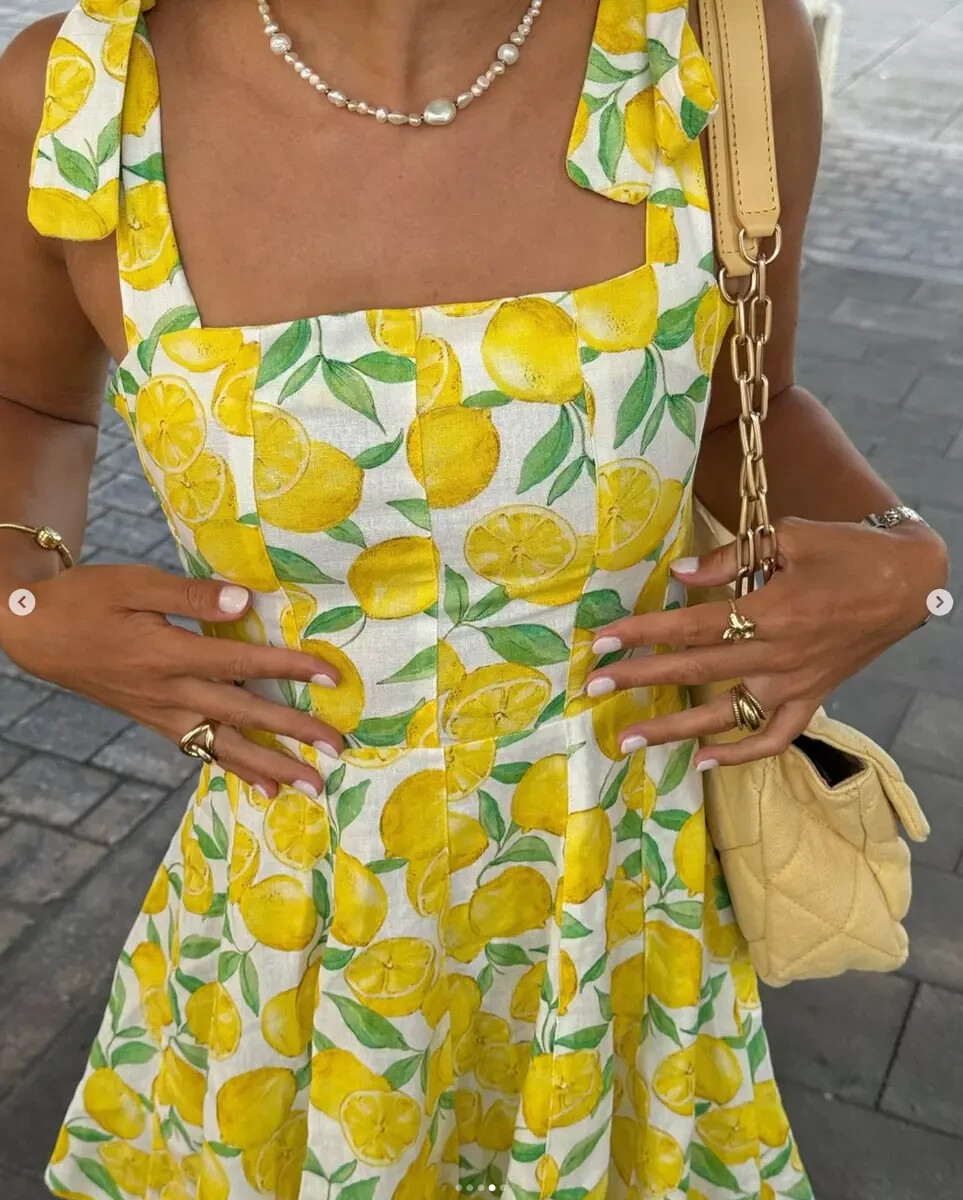 NWT ZARA Lemon Printed Linen Blend Dress w/ Bow Straps 0387/087 Sz XS ...