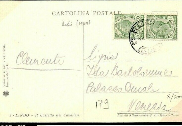Greece ITALIAN OCCUPATION RHODES *Rodi* Postmark PPC 1929 Postcard F361 ...