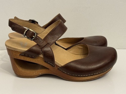Dansko Taci 38 7.5 8 Brown Leather Mary Jane Sling Back Sandals Wood ...