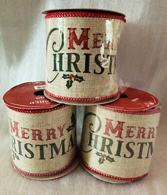 Red Shed - Wired 3” Wide Ribbon ‘Merry Christmas’ - Lot of 3 - 5 Yards ...