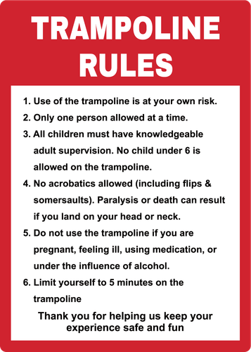 TRAMPOLINE RULES INFORMATION SHEET| Laminated Vinyl Decal Sticker Label ...