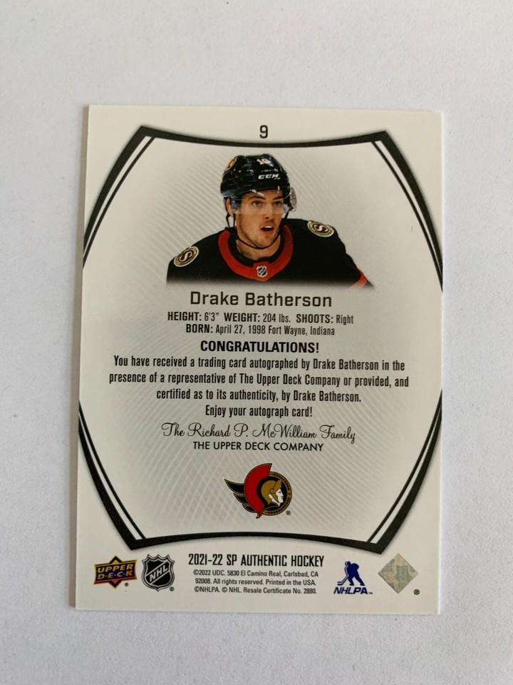 2021-22 SP Authentic Mystery Black Autographs #9 Drake Batherson ...