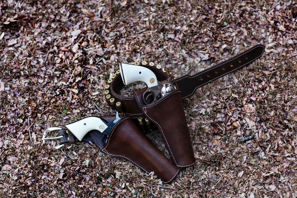 44/45 Cal Holster Gun Belt Drop Loop DD LEATHER Western RIG SASS Fast ...