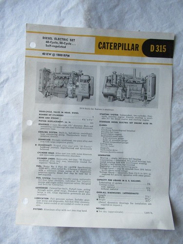CAT Caterpillar D315 Diesel Electric Set Engine Specification Sheet Brochure | eBay