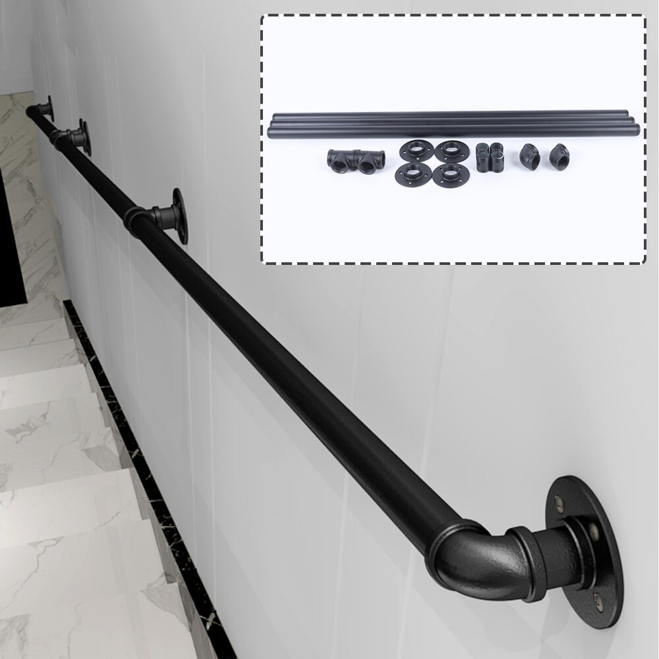 10FT Wall Handrail Black Iron Loft Pipe Handrail Industrial Pipe Stair ...