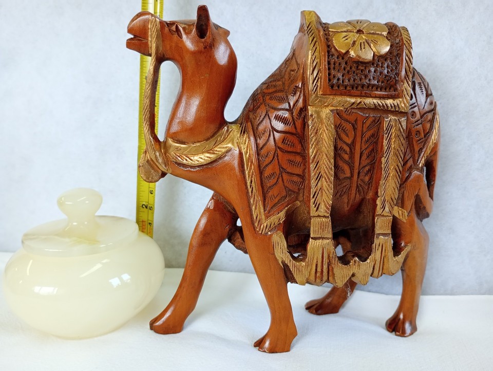 Vintage Exquisite Wood Gold Colour Sculpted Camel Figurine Collectable ...