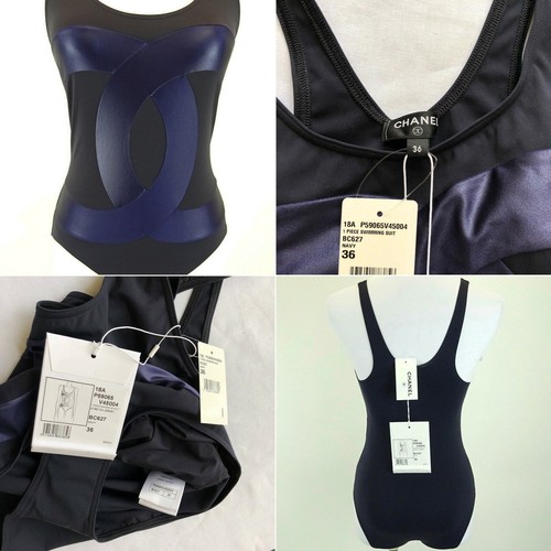 nwt CHANEL Navy 1 Piece Swimsuit w/ Large CC Logo Stretch Jersey Size ...