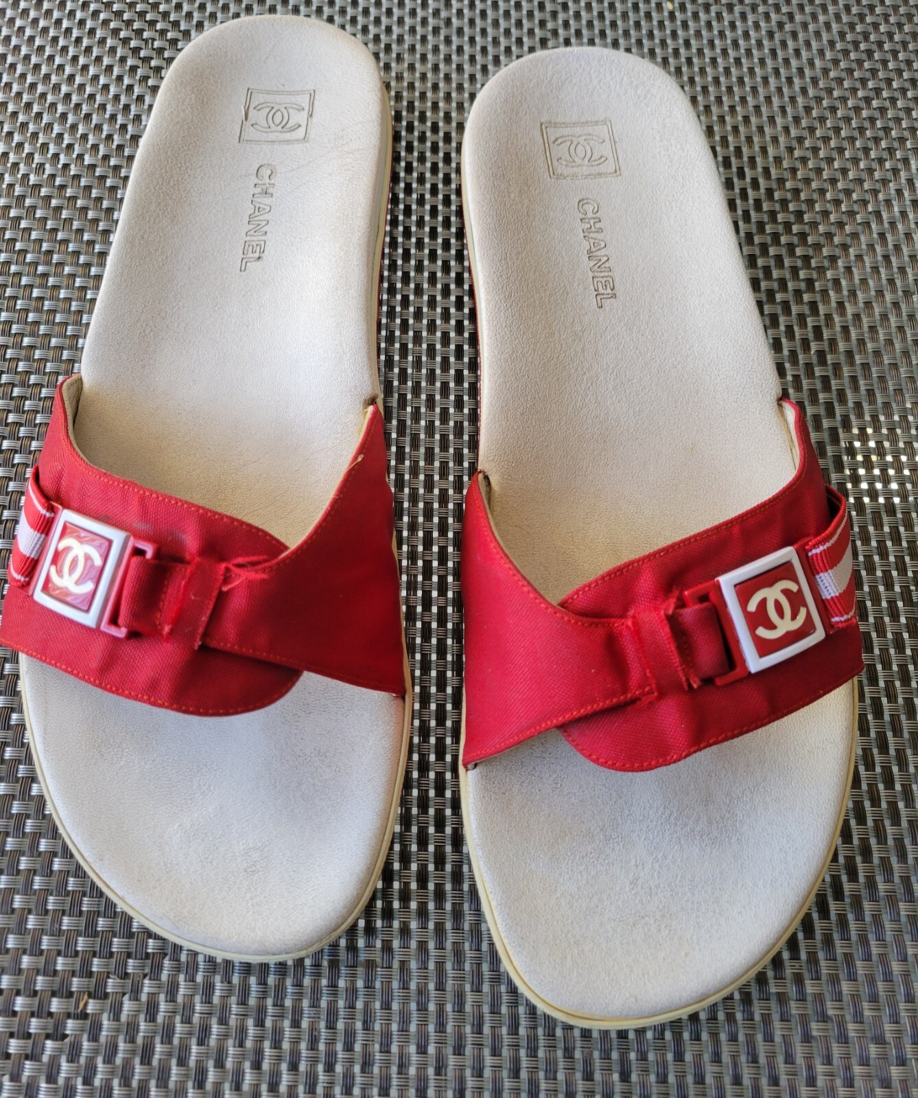 AUTHENTIC CHANEL SPORT COCO MARK RED SLIDE SANDALS FL… - Gem