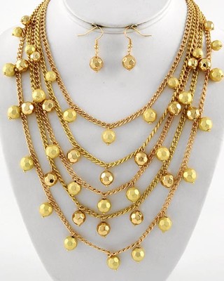 NEW Gold Ccb Bead Multi Row Layer Charm Necklace & Dangle Earring Set ...