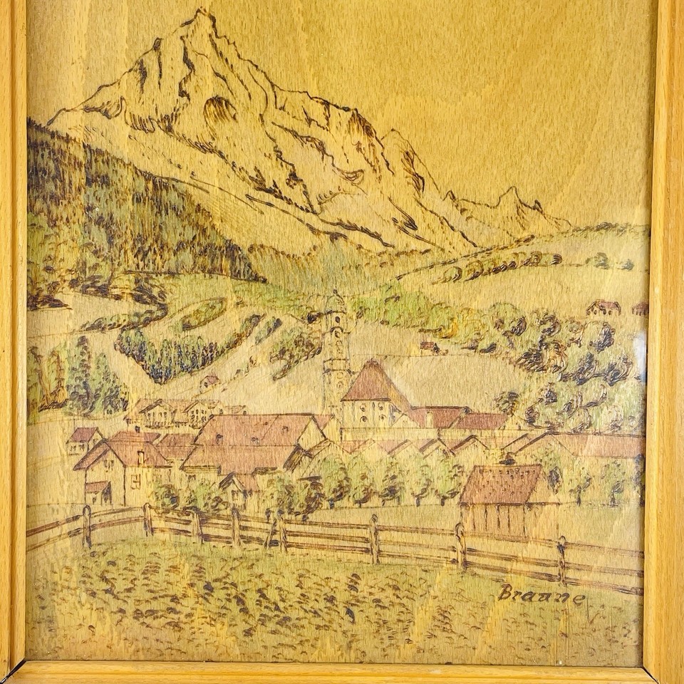 VTG Wood Burning Folk Art Colored Pyrography Signed Braune Mountain ...