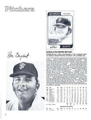 1975 San Francisco Giants Profile Pitcher Ron Bryant magazine CLIPPING ...