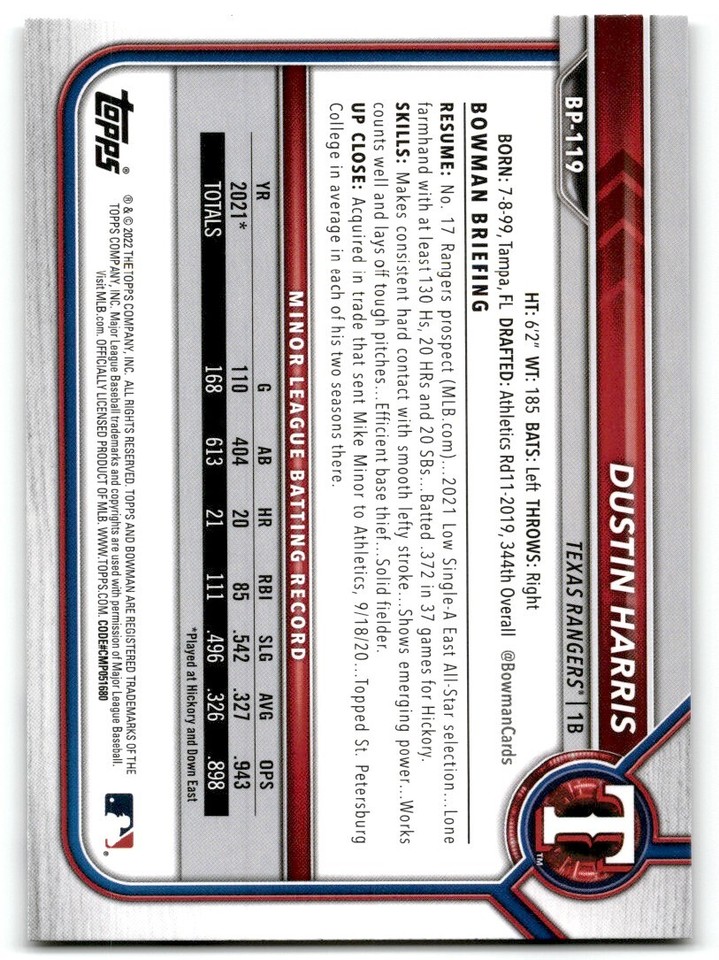 2022 Bowman Prospects Dustin Harris Texas Rangers #BP-119 | eBay
