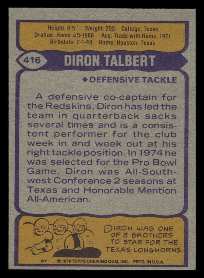 1979 Topps Diron Talbert #416 Washington Redskins LOW GRADE Card | eBay