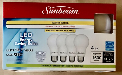Sunbeam Dimmable LED Bulb - 100W - 3000K Warm White - 4 Pack Light ...
