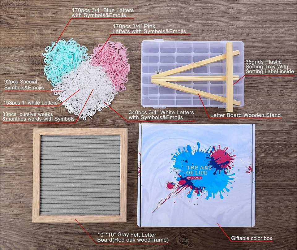 G GAMIT 10x10" Felt Letter Board w/ Stand, 805p Pre-cut Letters ...